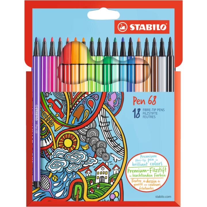 STABILO Pen 68 Crayon feutre (Multicolore, 18 pièce) - Interdiscount